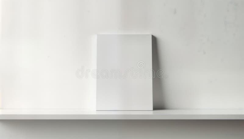 White Blank Canvas Stands Upright on Empty Shelf Against Plain White ...