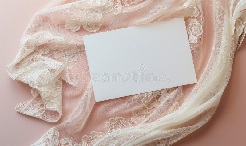 White Blank Card on a Pastel Pink Table, with a Delicate Lace Cloth ...