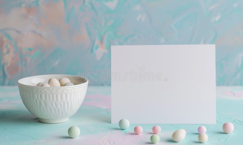 White Blank Card on a Pastel Sky Blue Table, with a White Ceramic Bowl ...