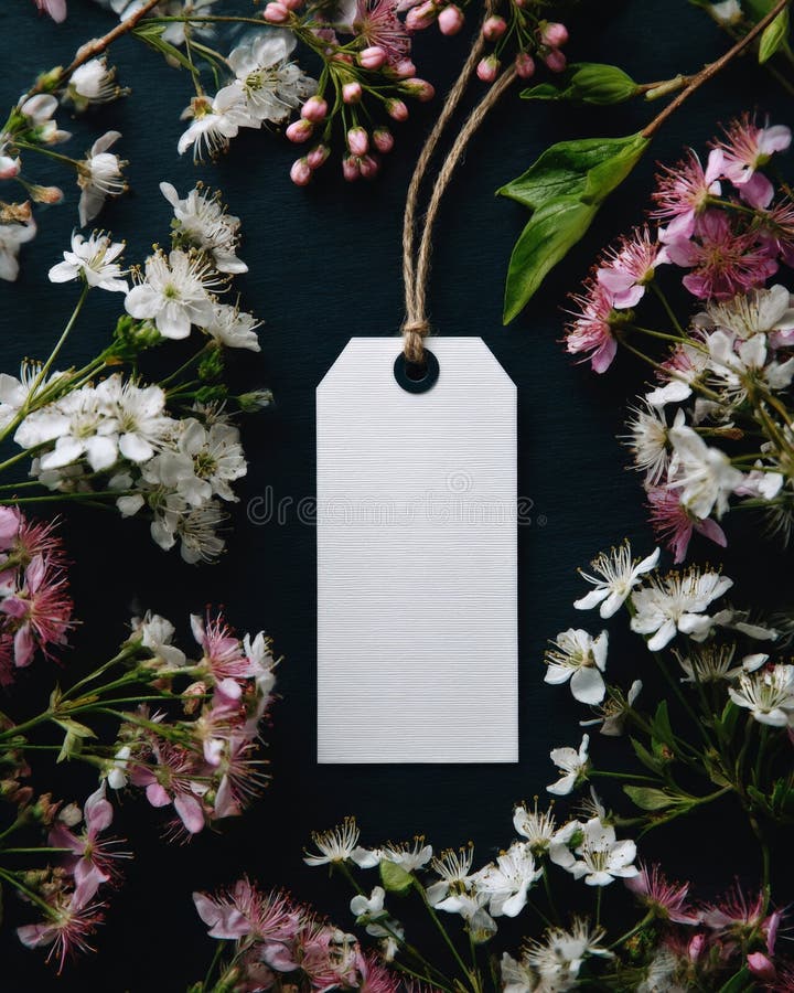 White Blank Gift Tag on Dark Surface Surrounded by White Flowers Stock ...