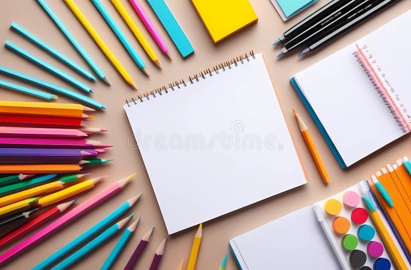 White Blank Notebook Sheet with Copyspace, Around Pencils, Pens, Paints ...