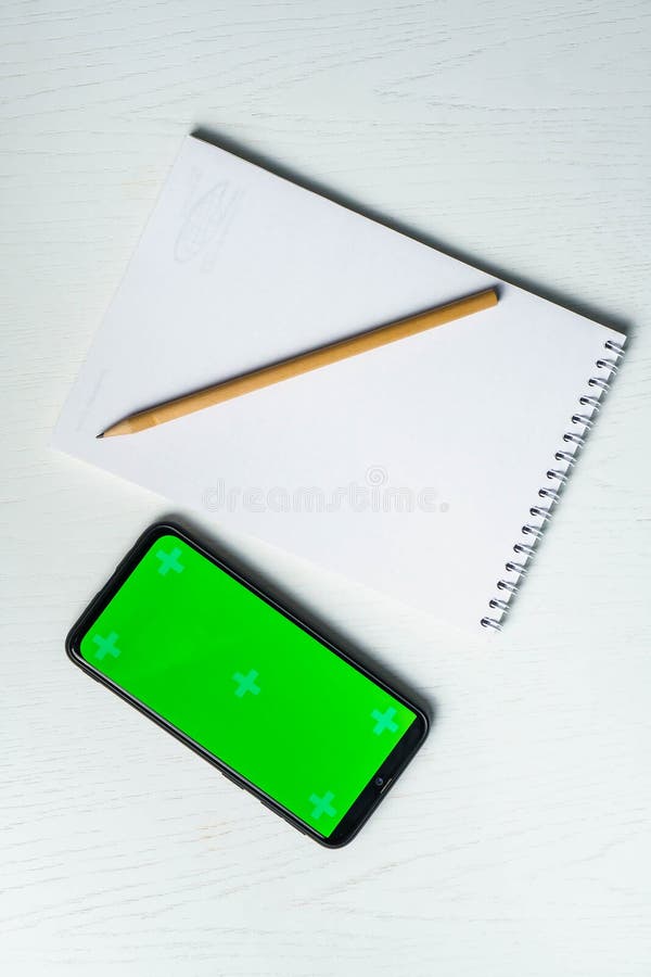White Blank Notepad Smartphone Green Screen Mockup and Pencil Flat Lay ...