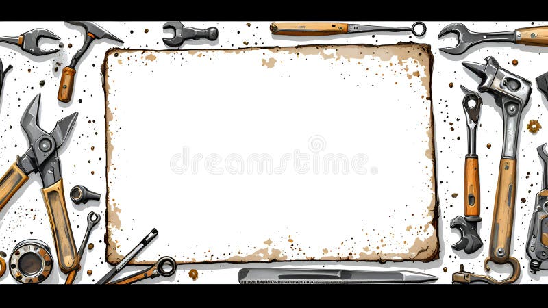 White Blank Old Table with Tools Frame on White Background Stock ...