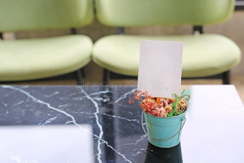 White Blank Paper Label Menu Frame in Mini Flower Pot on Table at Bar ...