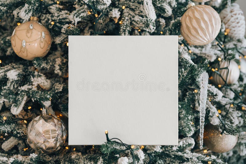 White Blank Paper Rectangle on Festive Decorated Christmas Tree Showy ...