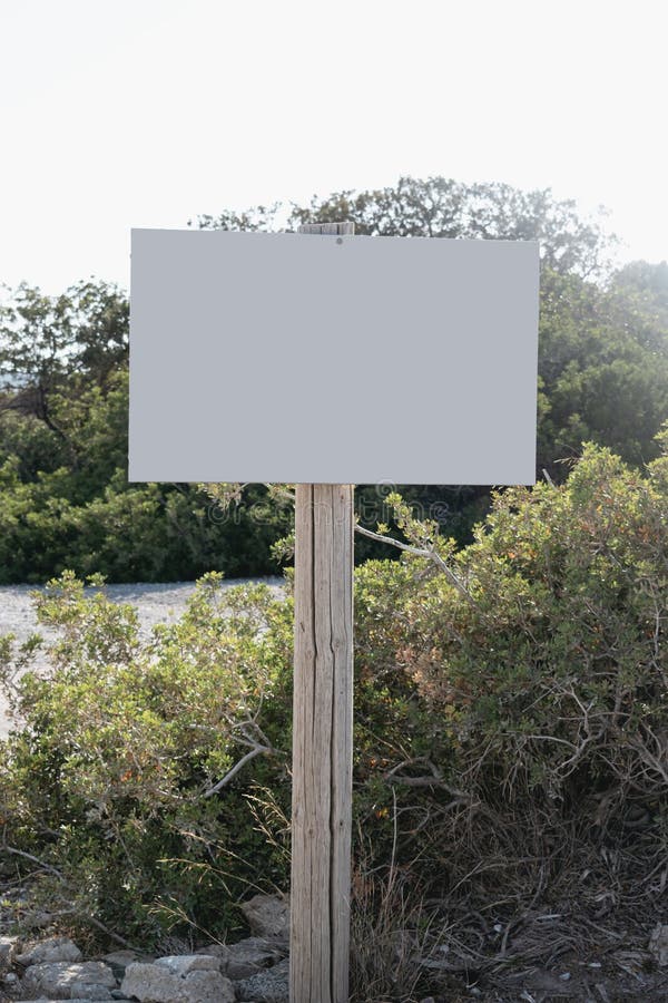 White Blank Rectangular Sign on Wooden Post with Trees and Bushes in ...