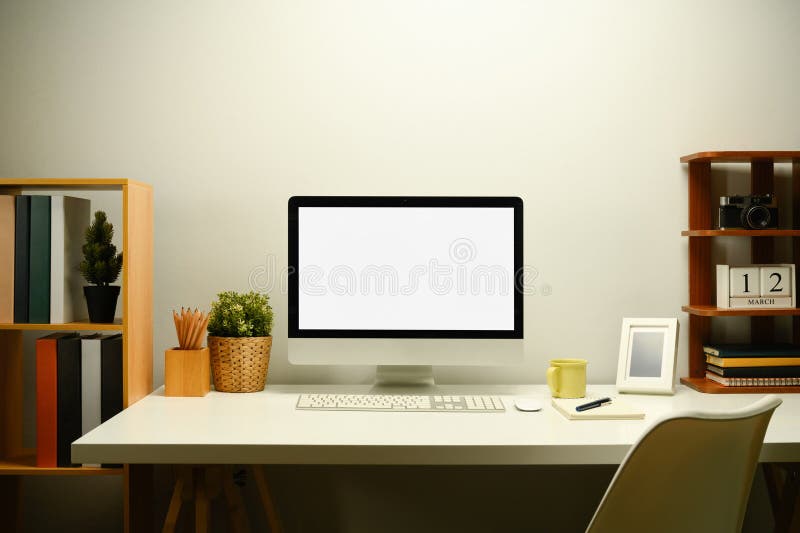 White Blank Screen Computer Monitor, Houseplant and Coffee Cup on ...
