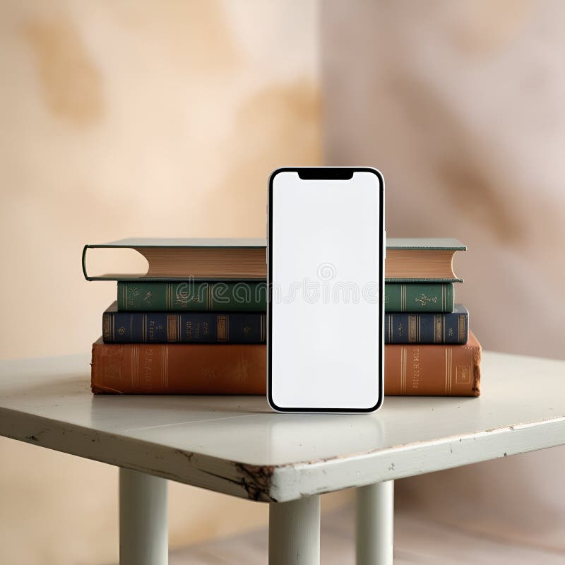 White Blank Screen Display Mobile Phone in Front of Book Stacked on ...