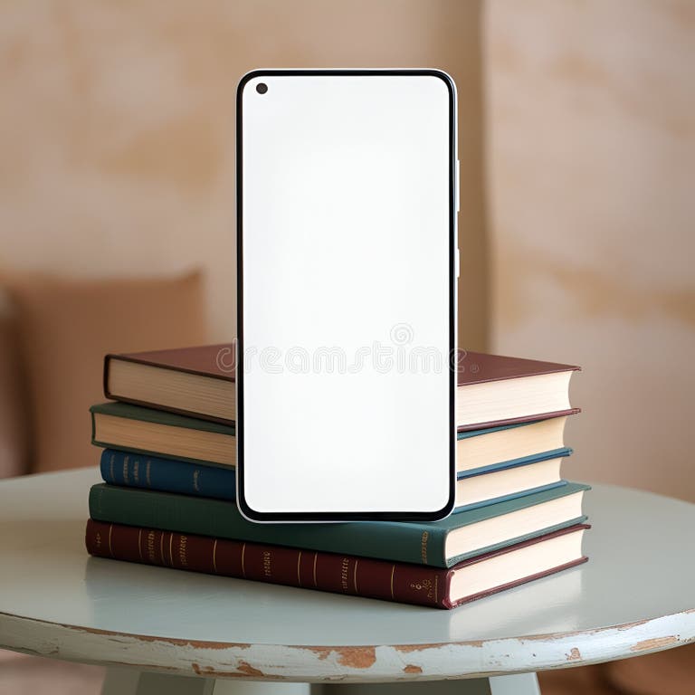 White Blank Screen Display Mobile Phone in Front of Book Stacked on ...