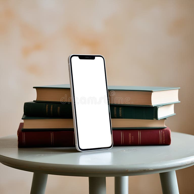 White Blank Screen Display Mobile Phone in Front of Book Stacked on ...
