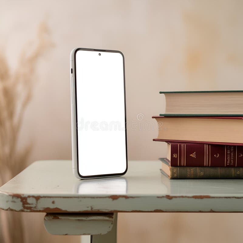 White Blank Screen Display Mobile Phone in Front of Book Stacked on ...