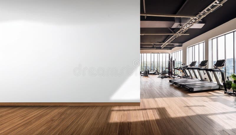 White Blank Wall in Modern Gym with Wooden Floor Stock Illustration ...