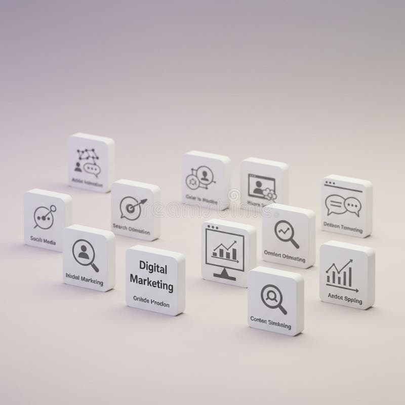 White Blocks Stand on a Light Surface, Each Featuring Icons and Text ...