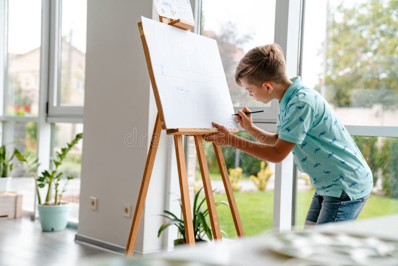 White Blonde Boy Drawing during Class in Art School Stock Image - Image ...