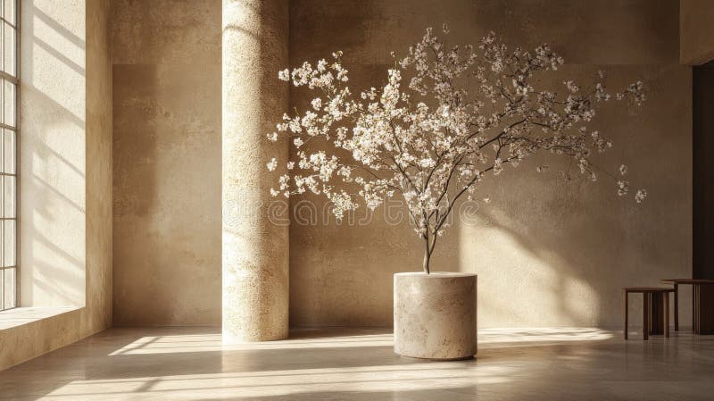 White Blossom Tree in Beige Minimalist Interior Stock Illustration ...