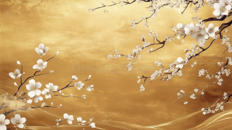 White Blossoms on Gold Branches Stock Illustration - Illustration of ...