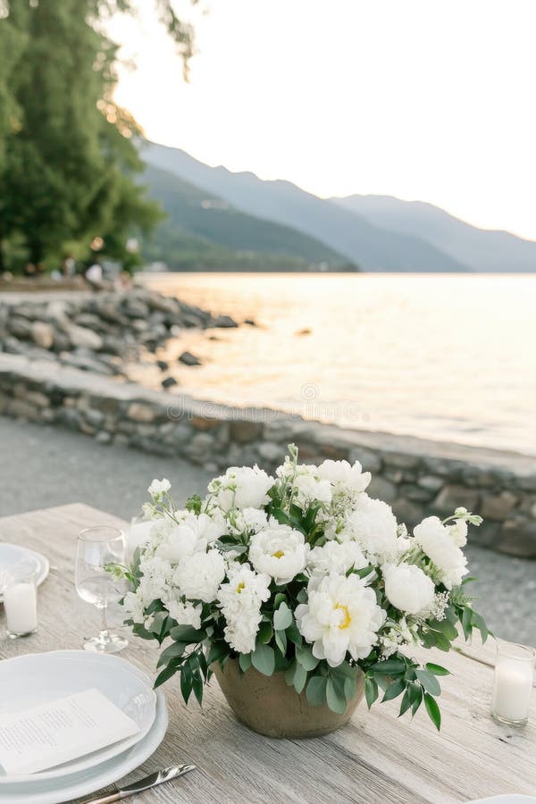 White Blossoms on Lakeside Table Setting at Sunset with Mountain View ...