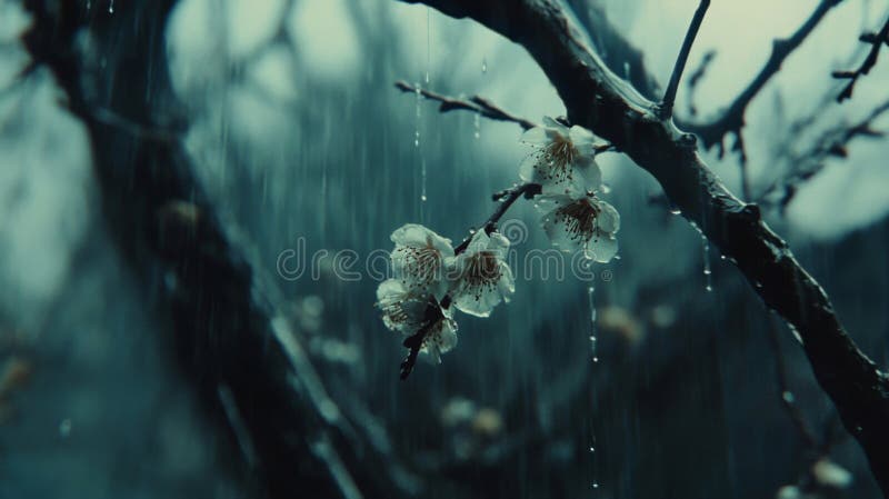 White Blossoms in the Rain stock illustration. Illustration of serene ...