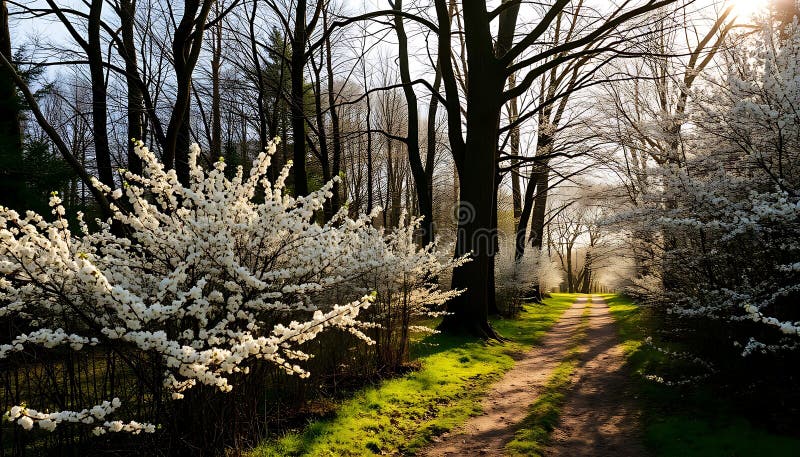 White Blossoms Spring Path Sunlight Forest Trees Background Stock ...