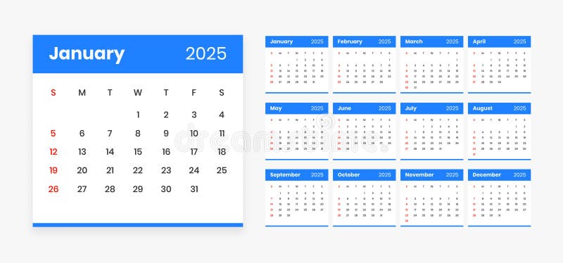 White Blue 2025 Annual Calendar Template for Office Wall or Desk Stock ...
