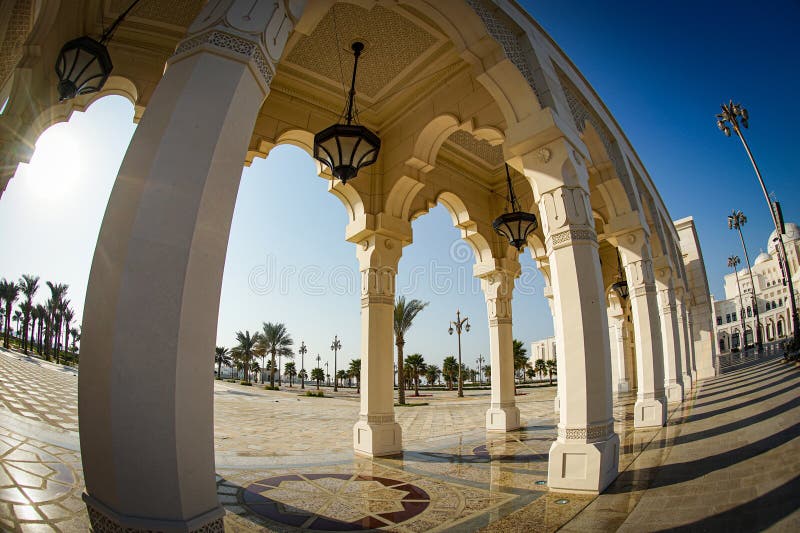 White and Blue Arched Building Stock Image - Image of tourist, lamp ...