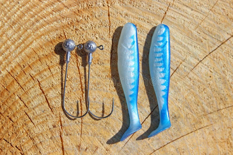 White Blue Artificial Bait and Fishing Hook. Stock Image - Image of ...