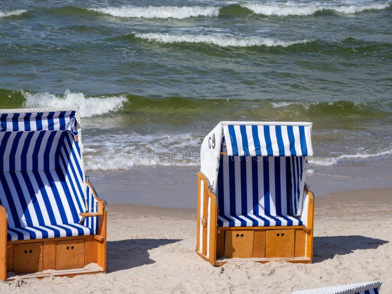 2 White-blue Beach Chairs Stand on the Shore of the Baltic Sea Stock ...