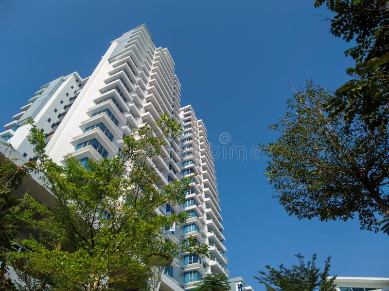White and Blue Building Exterior. Low Angle View of Modern Building ...
