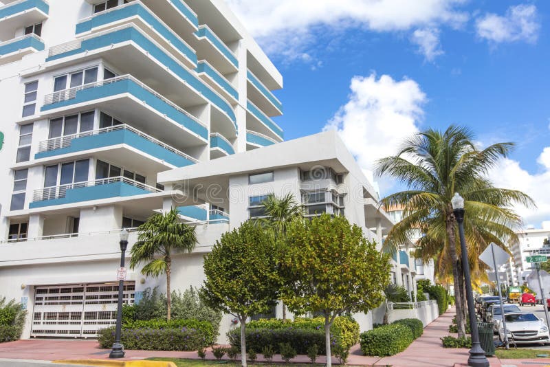 White and Blue Building in Ocean Drive. Miami Beach Stock Image - Image ...