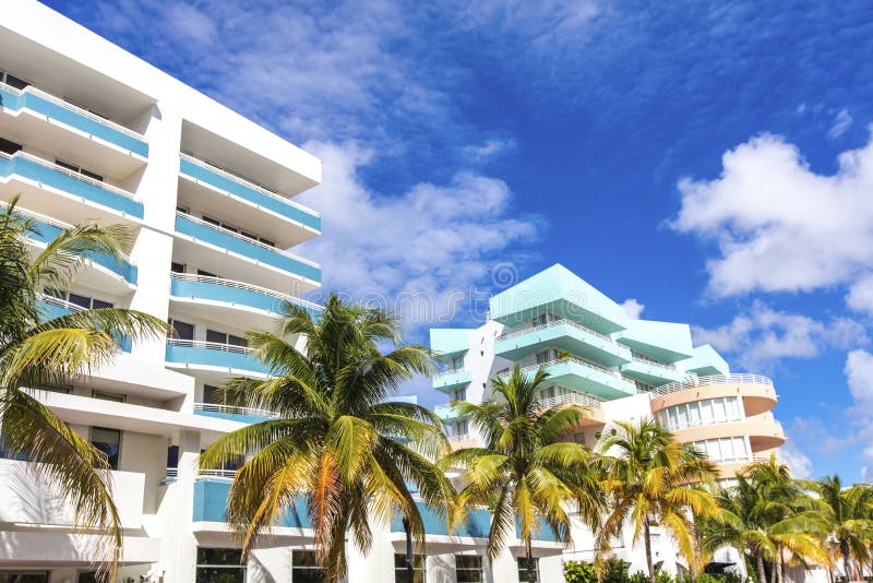 White and Blue Buildings in Ocean Drive. Miami Beach Stock Image ...