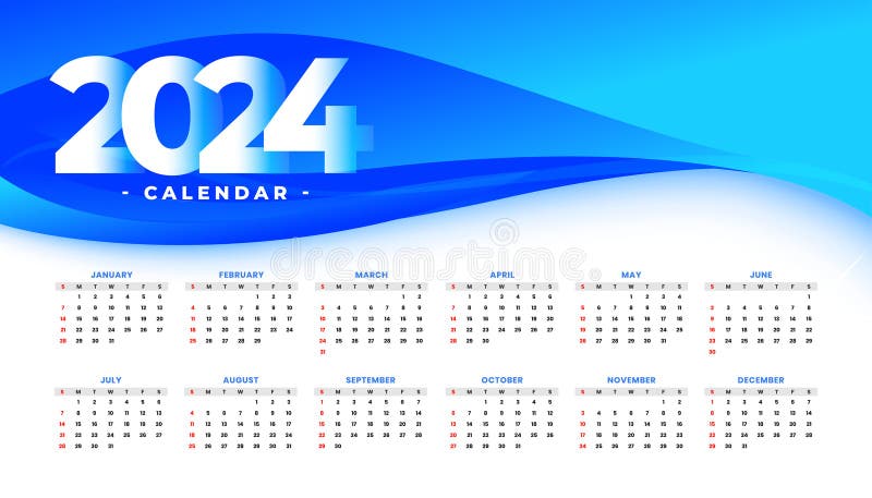 White and Blue 2024 Business Calendar Template in Wavy Style Stock ...