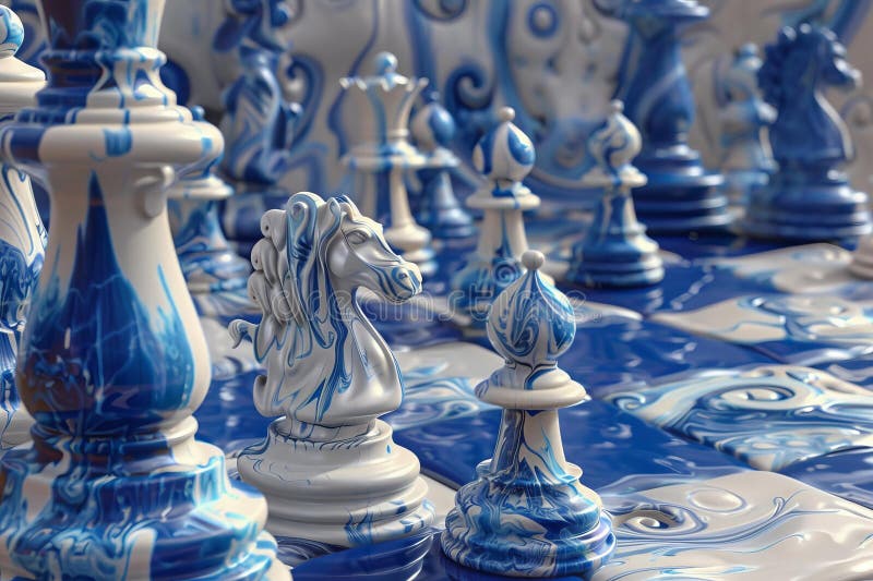 White and Blue Chess Set Standing on a Blue and White Chessboard Stock ...