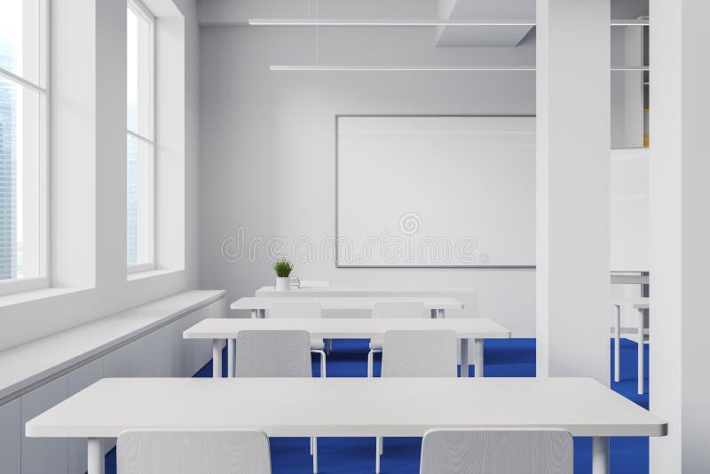 White and Blue Classroom Interior with Whiteboard and Windows Stock ...
