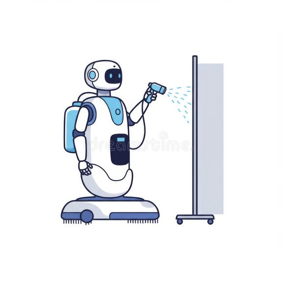 White and Blue Cleaning Robot Sanitizing a Partition Stock Illustration ...
