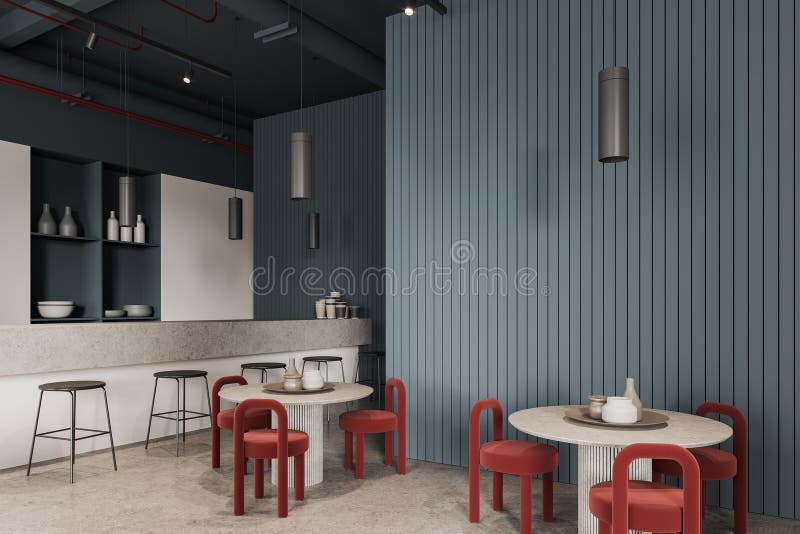 White and Blue Coffee Shop Corner with Bar and Tables Stock ...