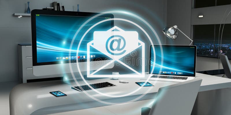 White and Blue Email Flying Over Desktop 3D Rendering Stock ...