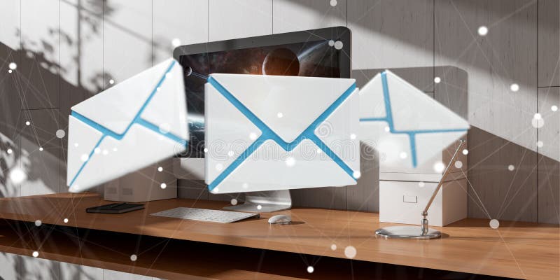 White and Blue Email Flying Over Desktop 3D Rendering Stock ...