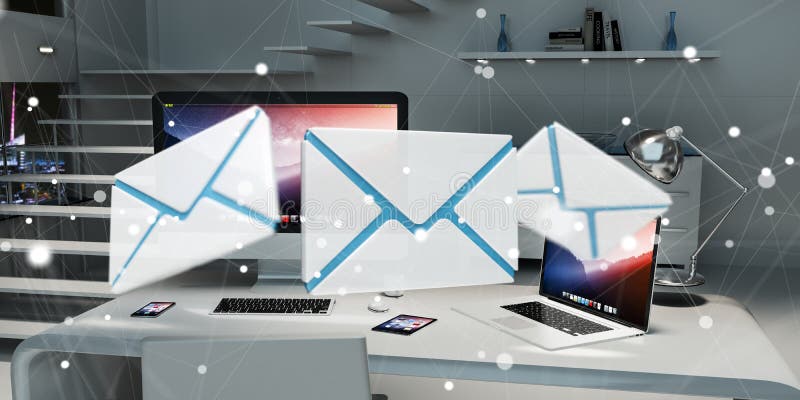 White and Blue Email Flying Over Desktop 3D Rendering Stock ...
