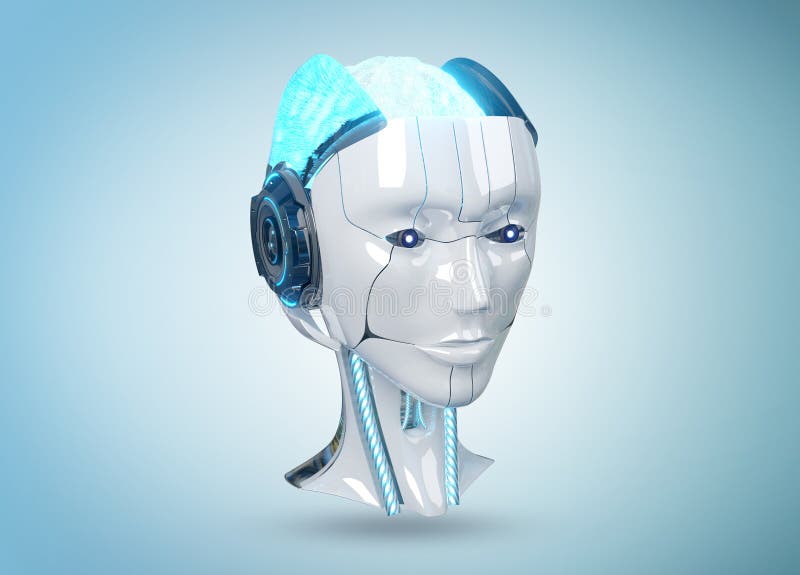 White and Blue Female Cyborg Robot Head Isolated on Blue Background 3d ...