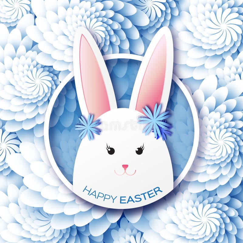 White Blue Greeting Card with Happy Easter - with White Easter Rabbit ...