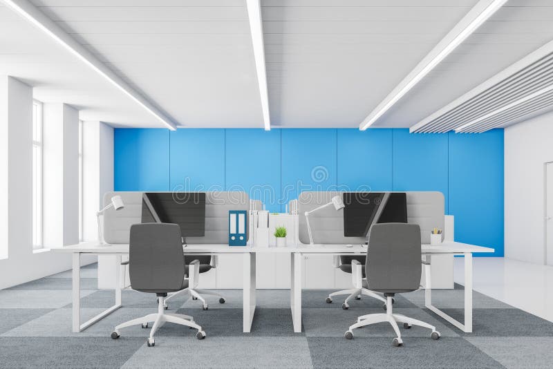 White and Blue Office Workplace Interior Stock Illustration ...