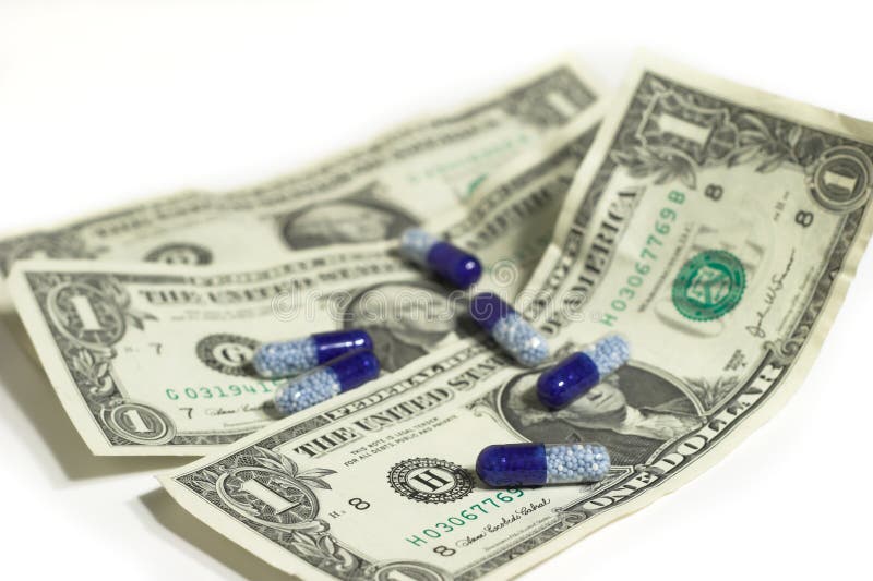White Blue Pills with One Dollar Bills Stock Photo - Image of help ...