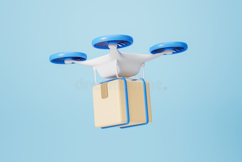 White and Blue Quadcopter Delivery Drone with Package Stock ...