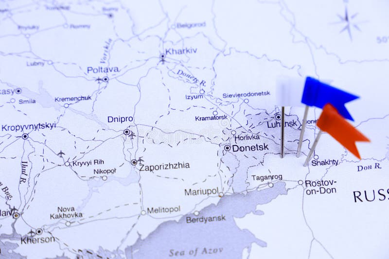 White, Blue and Red Pointing Flags on Russian Border on Map Stock Photo ...