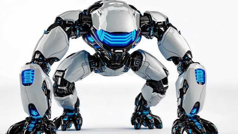 White and Blue Robot Crouching on White Background Stock Footage ...