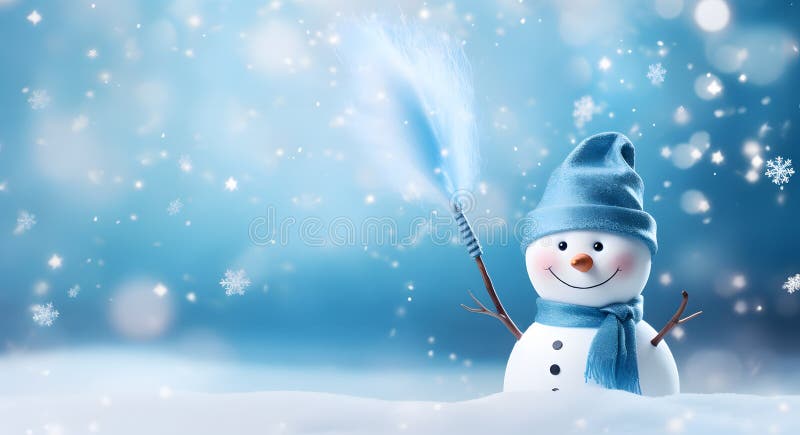 White and Blue Snowman with Broom in Bokeh Panorama Stock Illustration ...