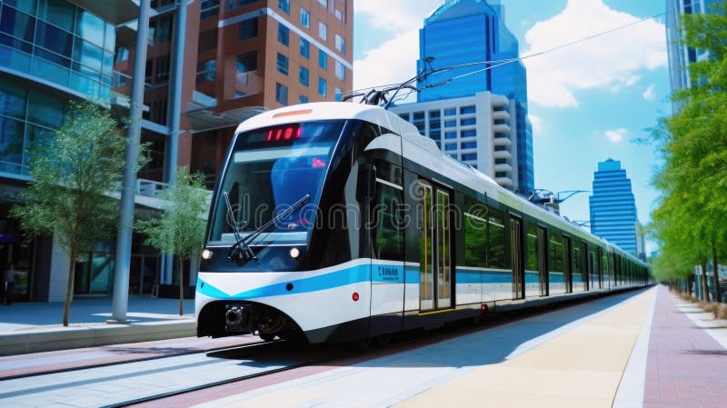 White and Blue Train Moving Past Skyscrapers Stock Image - Image of ...