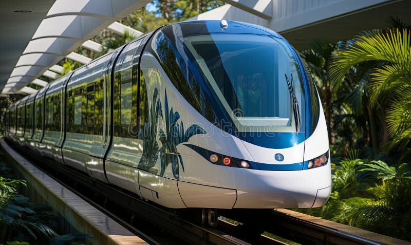 White and Blue Train Speeding on Tracks Stock Image - Image of electric ...
