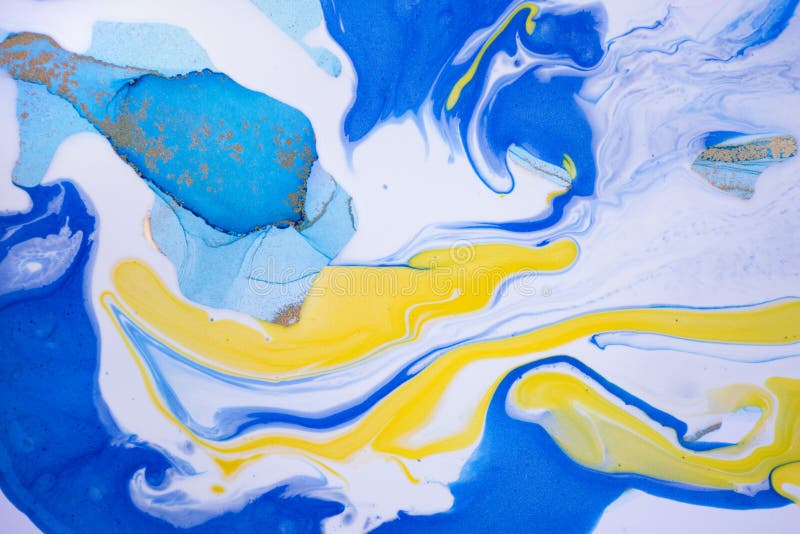 Blue and Yellow Marble Pattern with Golden Glitter. Abstract Liquid ...