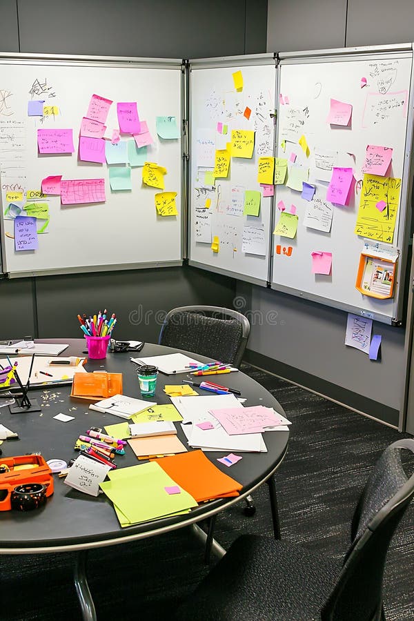 A White Board with Colorful Notes and a Table with Pens and Scissors ...